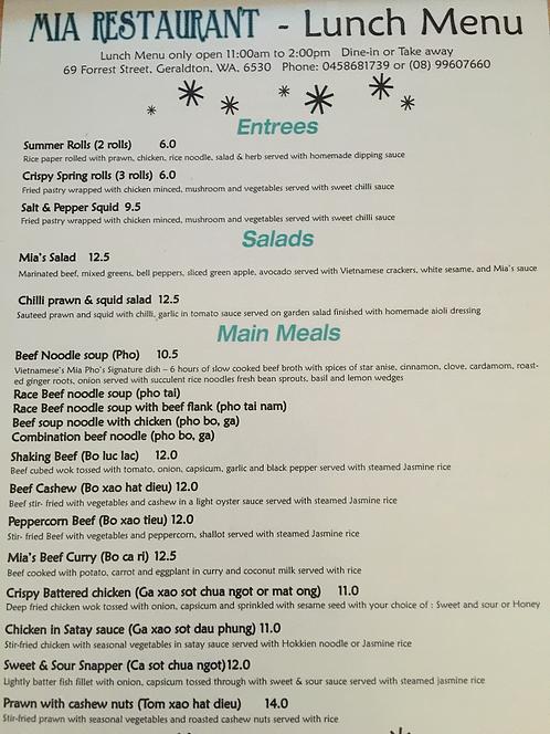 Menu at Mia Restaurant- Western and Asian, Geraldton