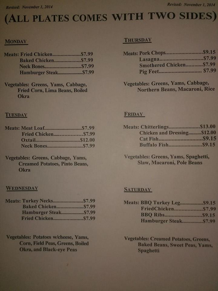 Menu at Miss Girlee Soul Food Restaurant, Memphis