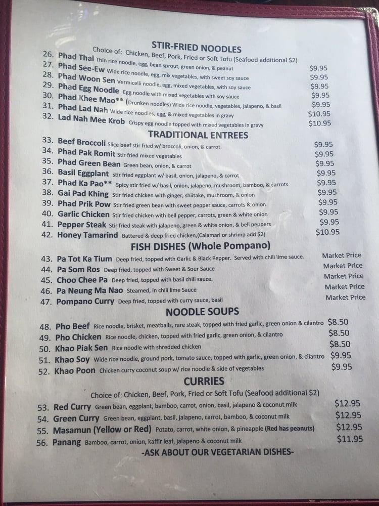 Menu at Sabaidee restaurant, Fresno