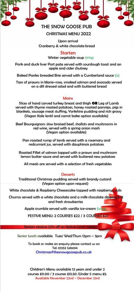 Menu at The Snow Goose Pub, Farnborough