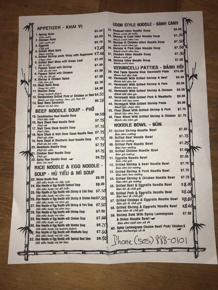 Menu at Viet Taste restaurant, Albuquerque, Menaul Blvd NE