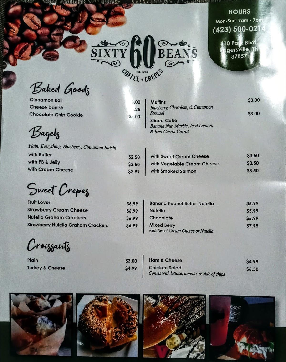Menu at 60 Beans Coffee, Rogersville