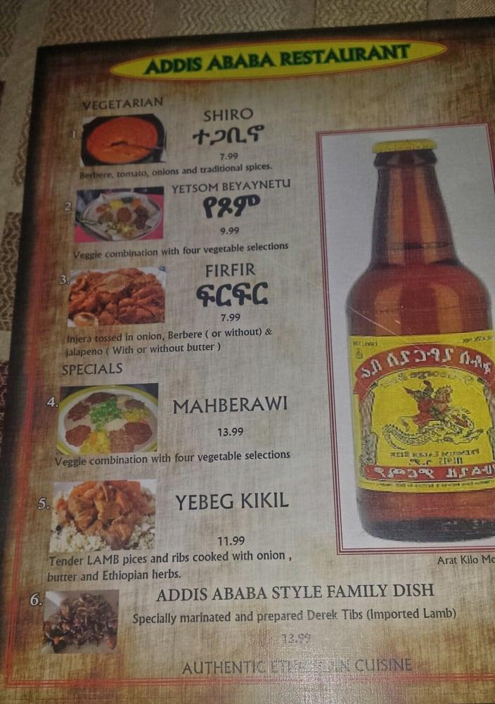 Menu at Addis Ababa Ethiopian Restaurant, Aurora