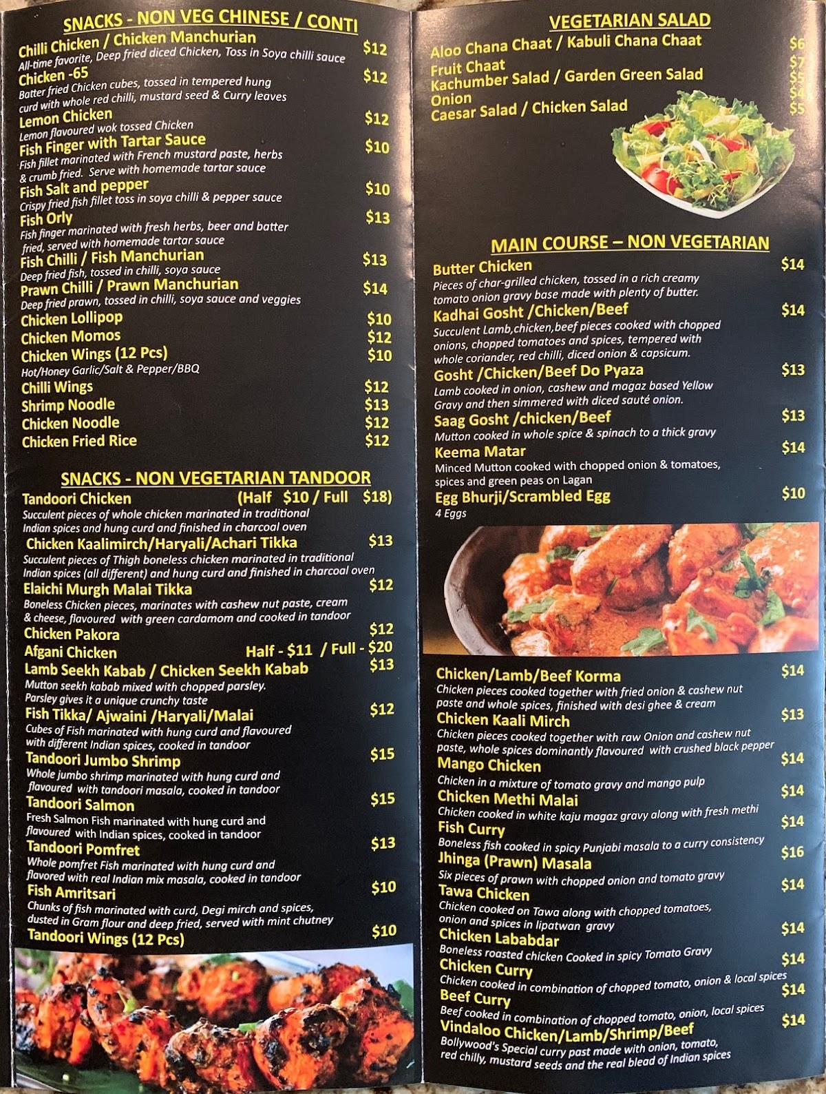 Menu at Bollywood Indian Cuisine restaurant, Edmonton
