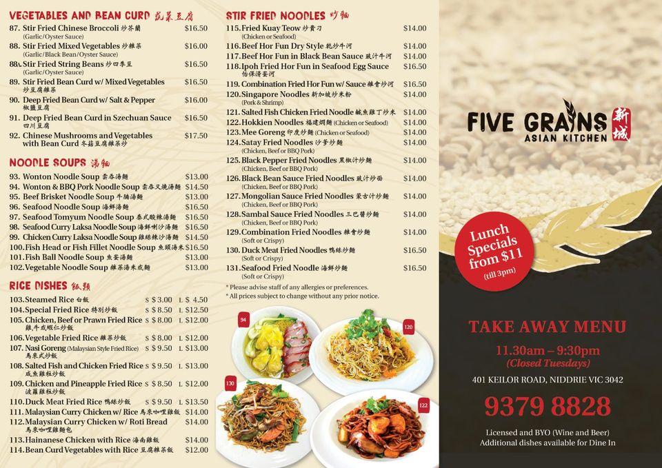 Menu at Five Grains Asian Kitchen restaurant, Niddrie