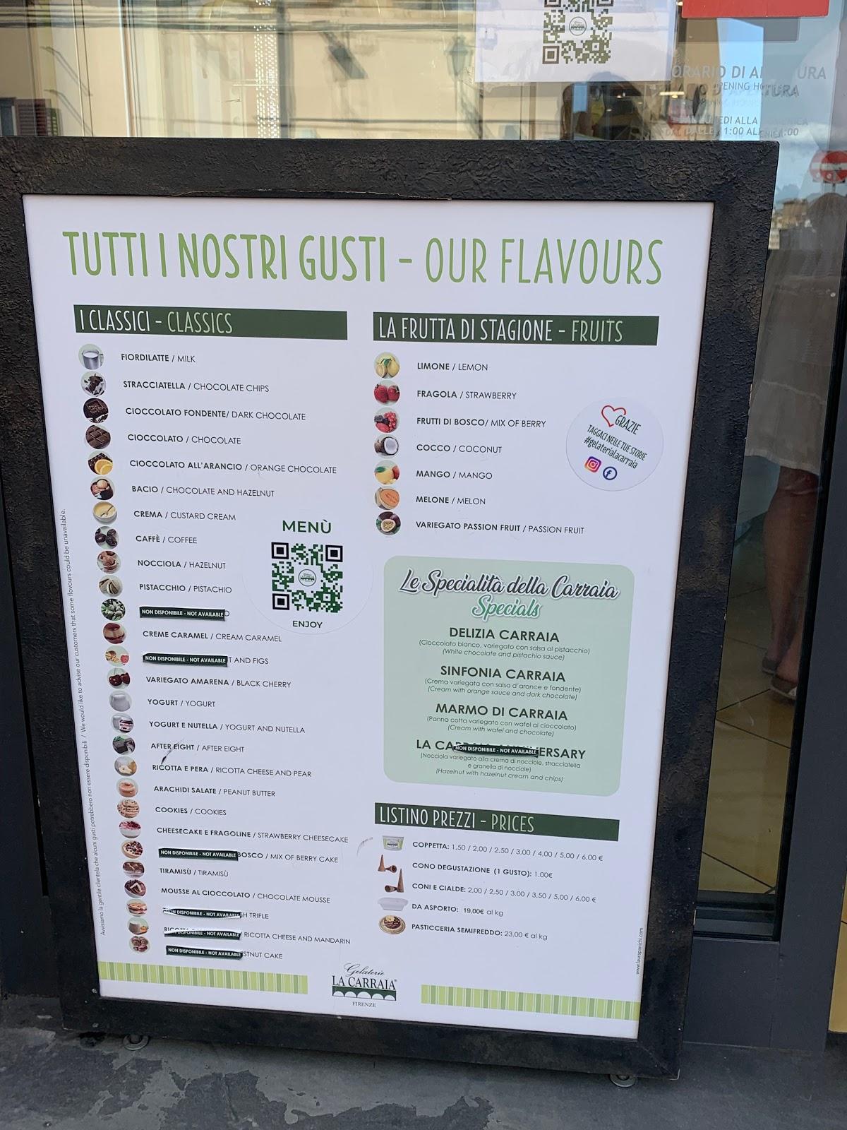 Menu at Gelateria La Carraia restaurant, Florence