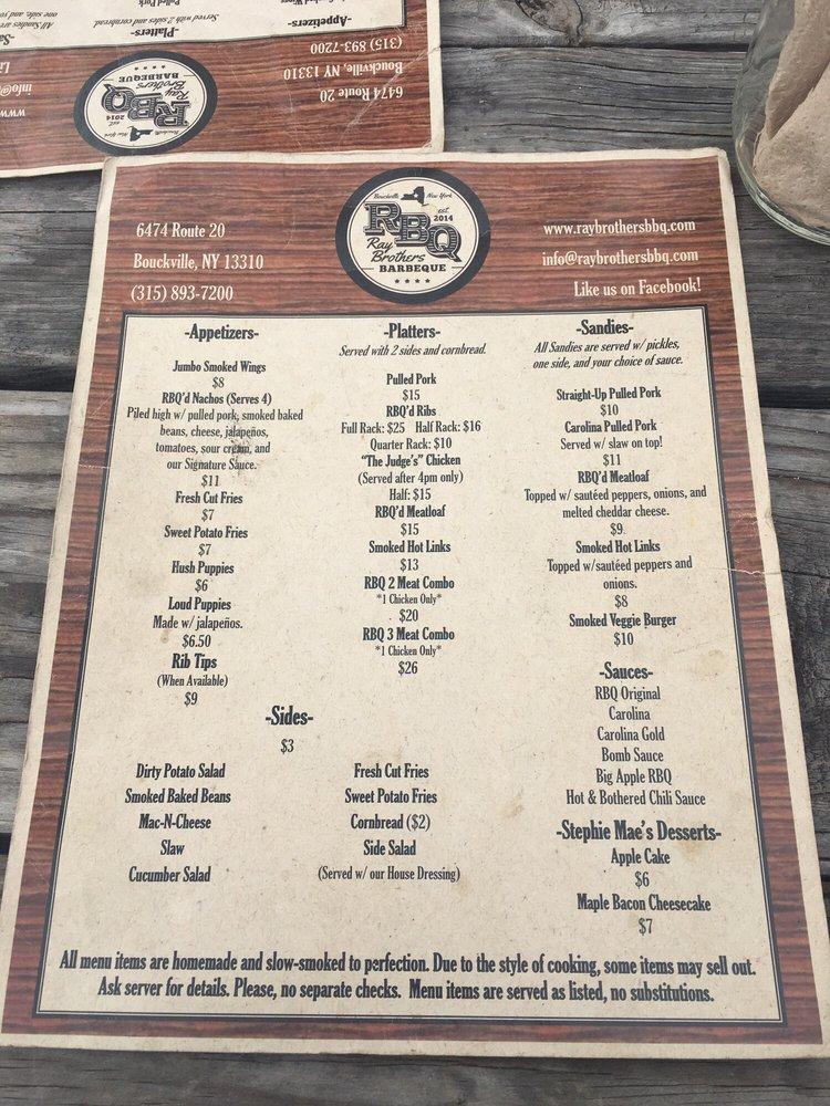 Menu at Ray Brothers BBQ, Bouckville