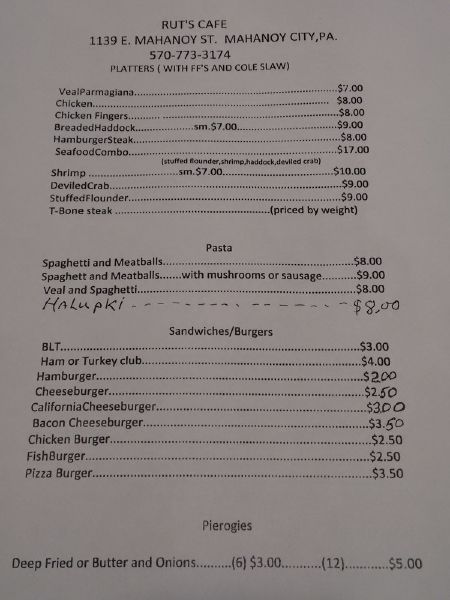 Menu at Rut's Cafe, Mahanoy City
