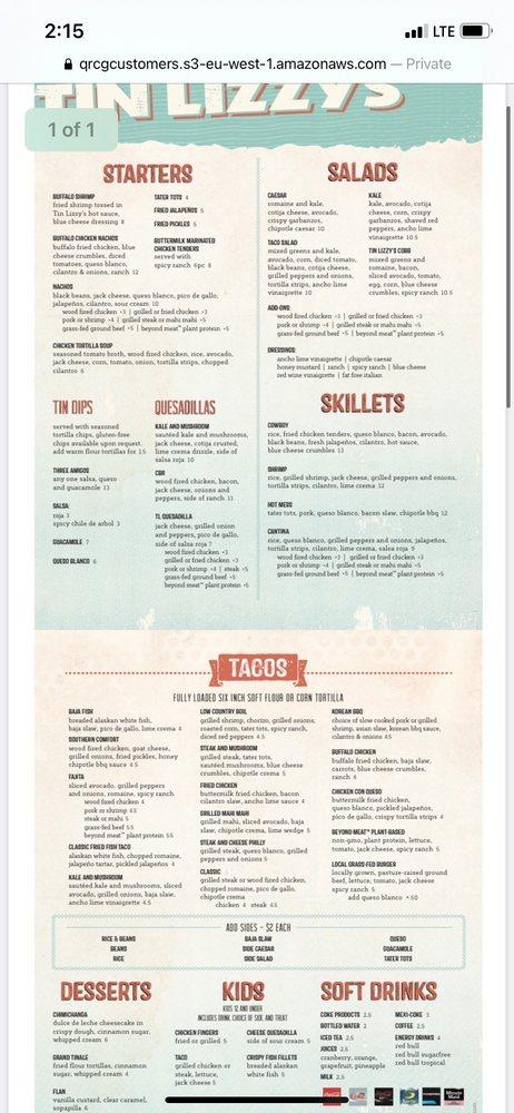 Menu at Tin Lizzy's Cantina pub & bar, Marietta, Roswell Rd #1510