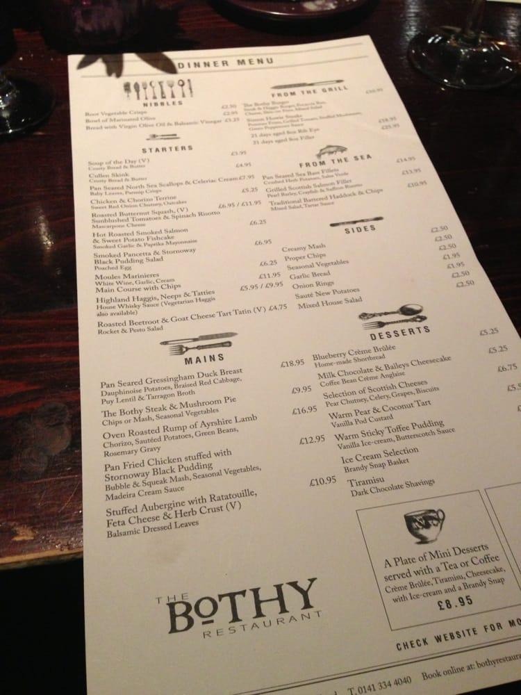 Menu at Bothy Glasgow restaurant, Glasgow