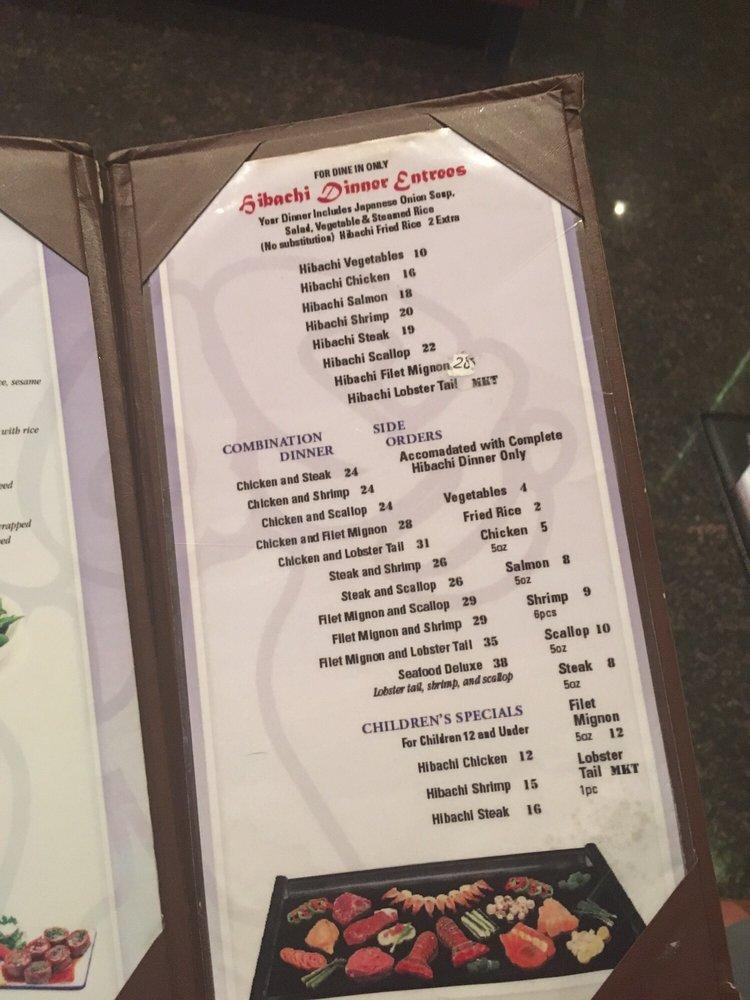 Menu at Hayashi Hibachi restaurant, McAllen