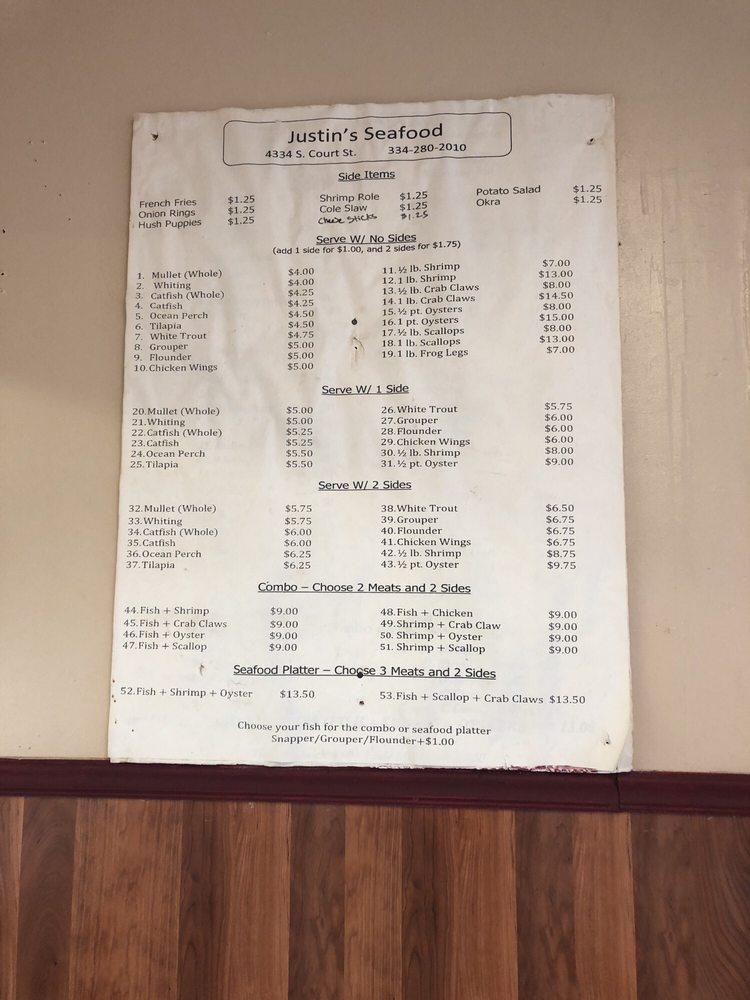 Menu at Justin's Seafood restaurant, Montgomery