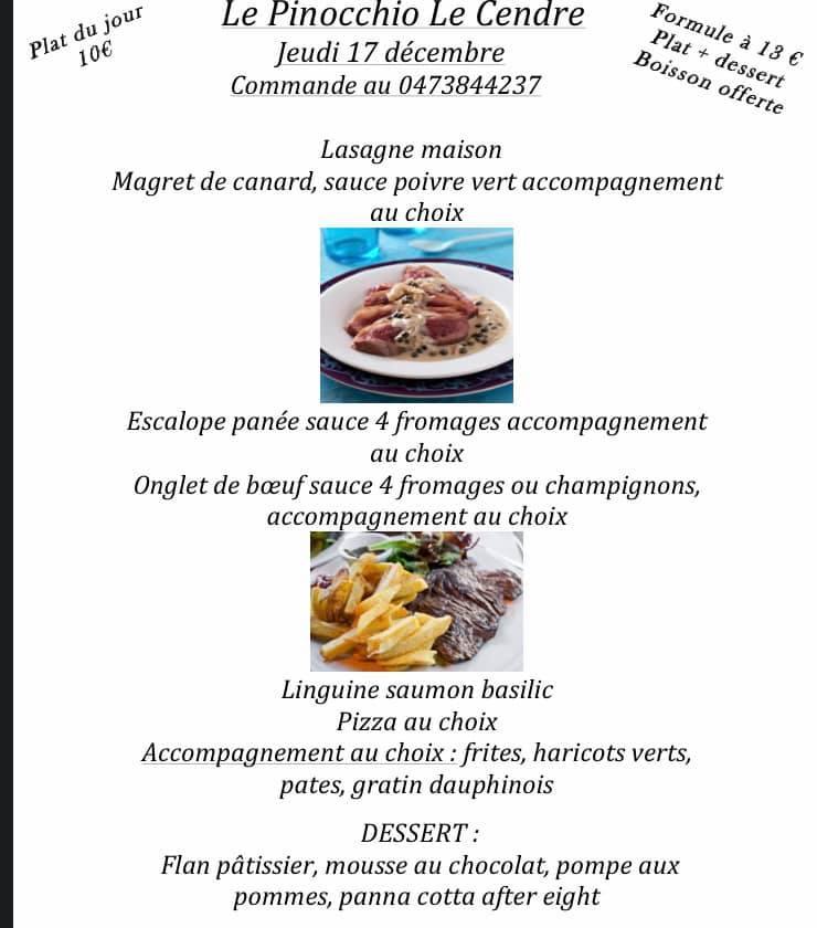 Menu au Pinocchio pizzeria, Le Cendre, Rue Jean Mermoz