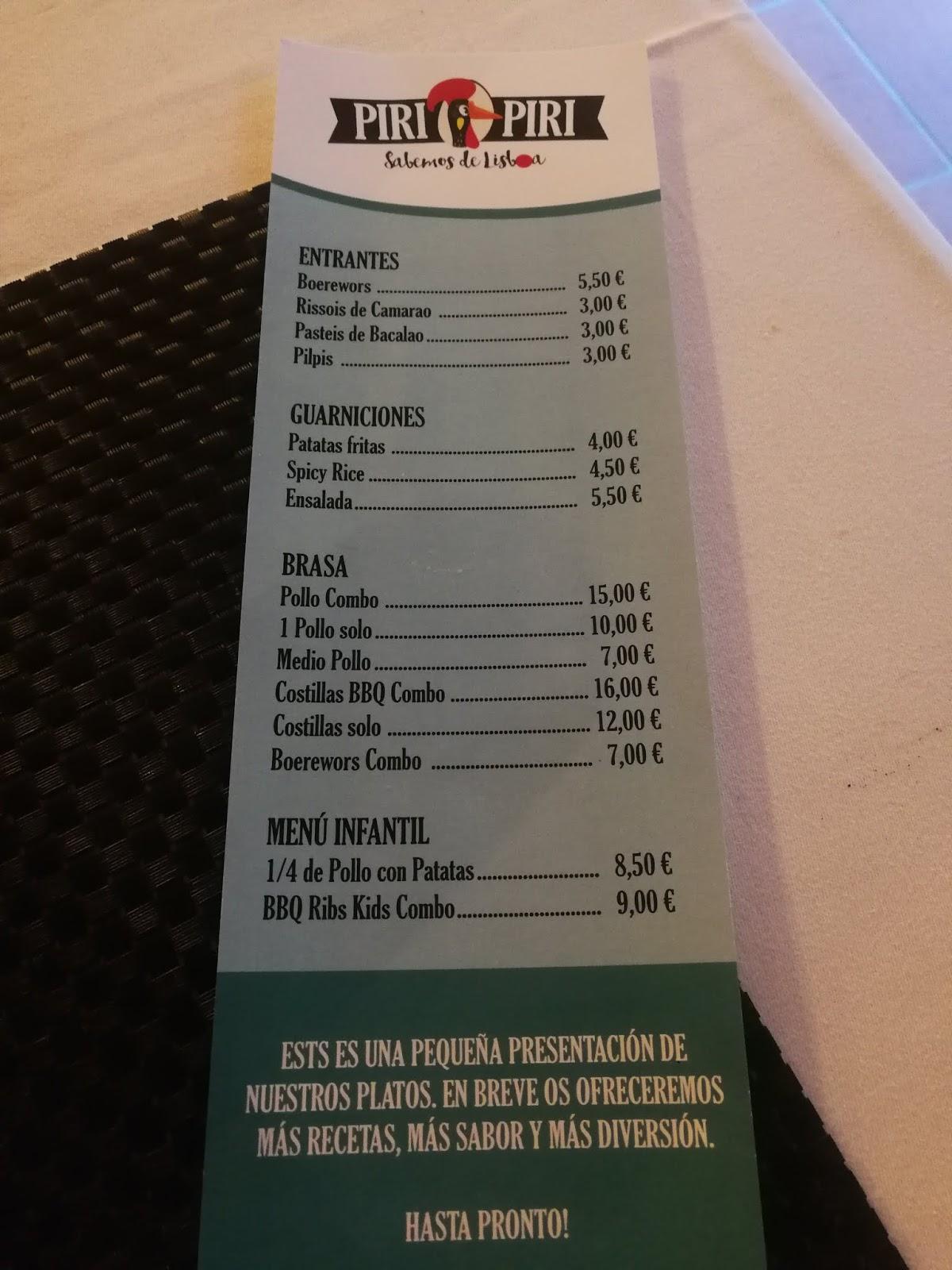 Carta del restaurante Piri Piri Lisboa, Villanueva y Geltrú