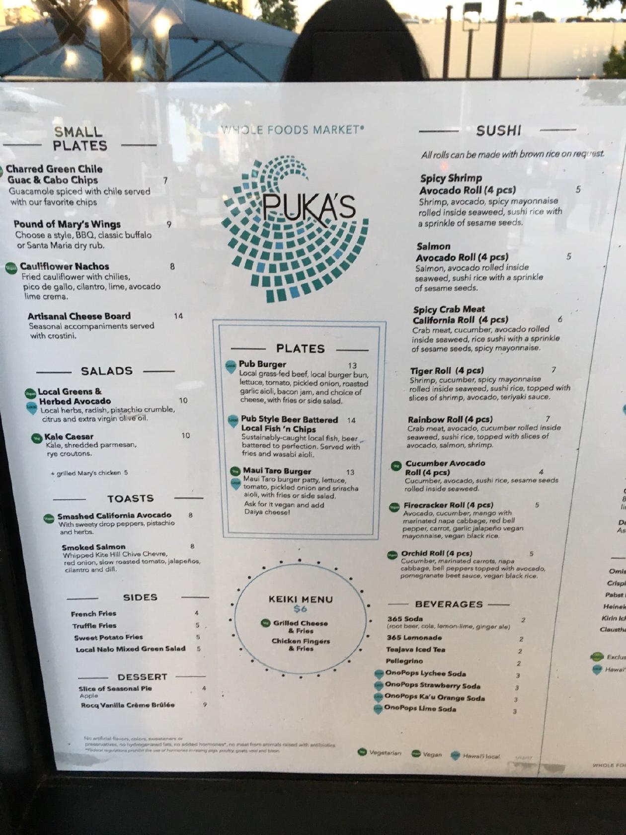Menu at Puka's pub & bar, Honolulu