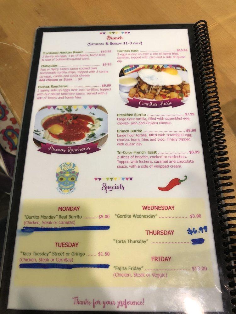 Menu at Real Mexican Kitchen restaurant, Glen Mills
