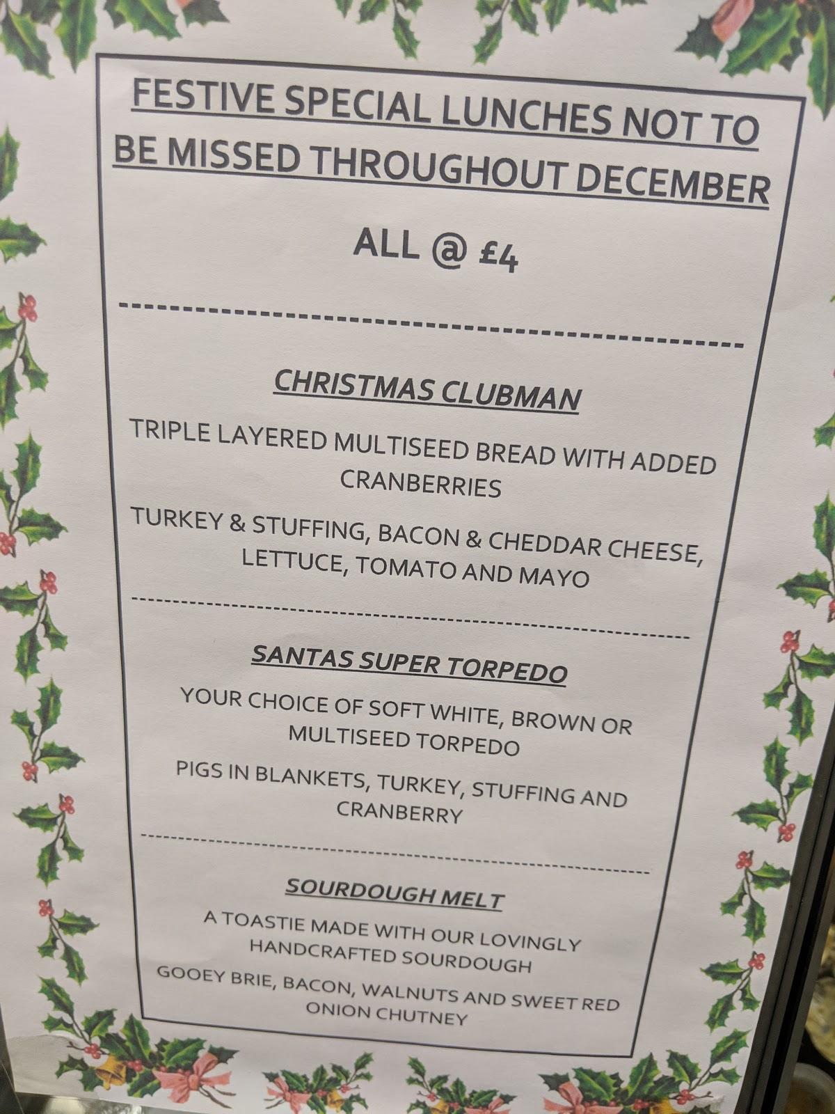 Menu at Martins bakery, Manchester, 69/71 Ashton Rd E
