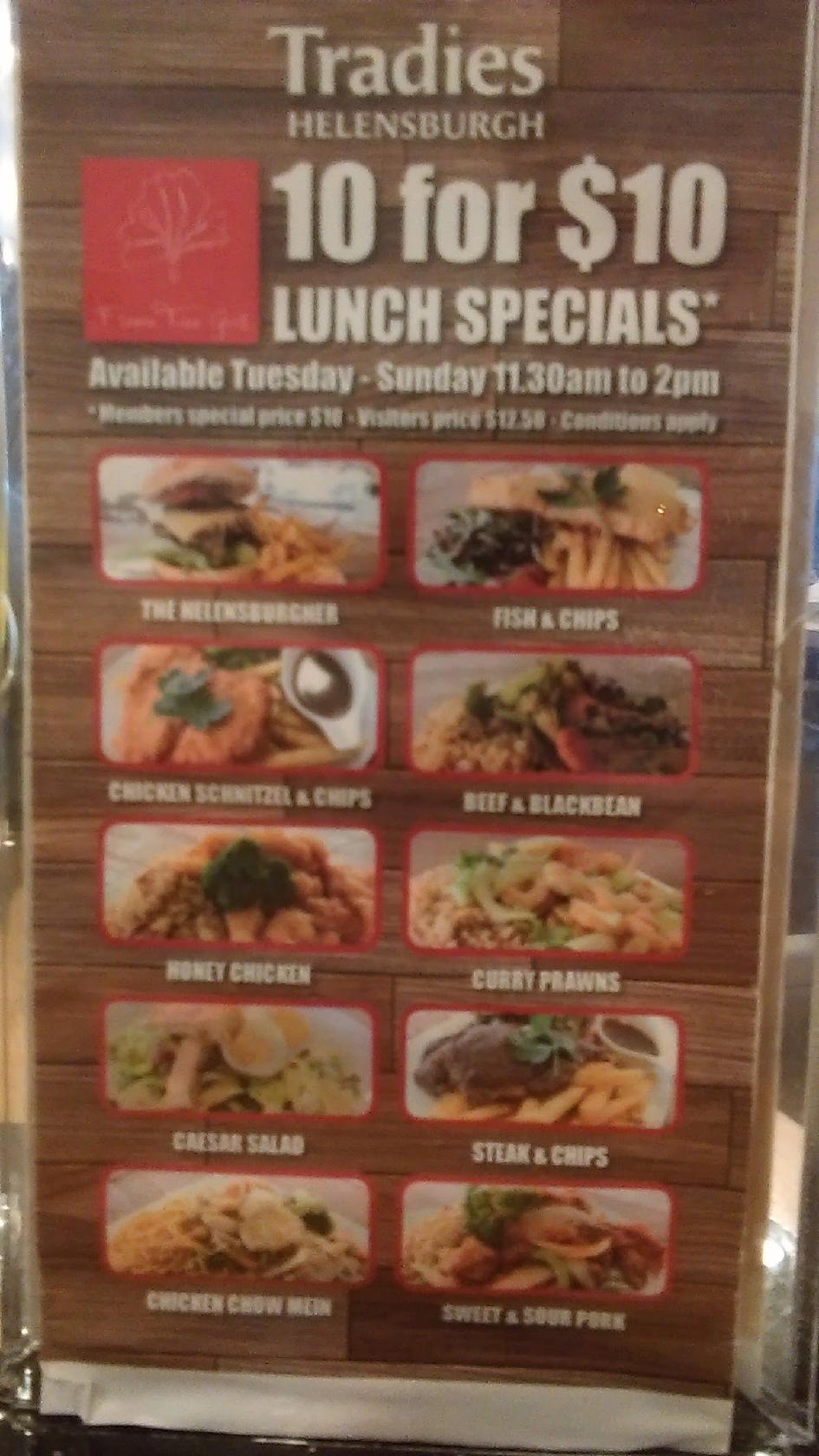 Menu at Tradies Helensburgh cafe, Helensburgh