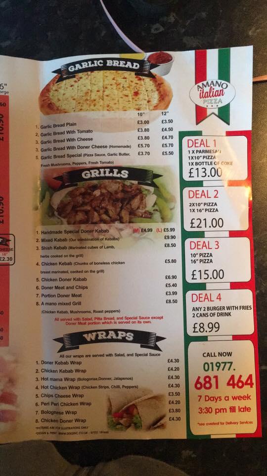 Menu at A MANO fast food, Sherburn in Elmet