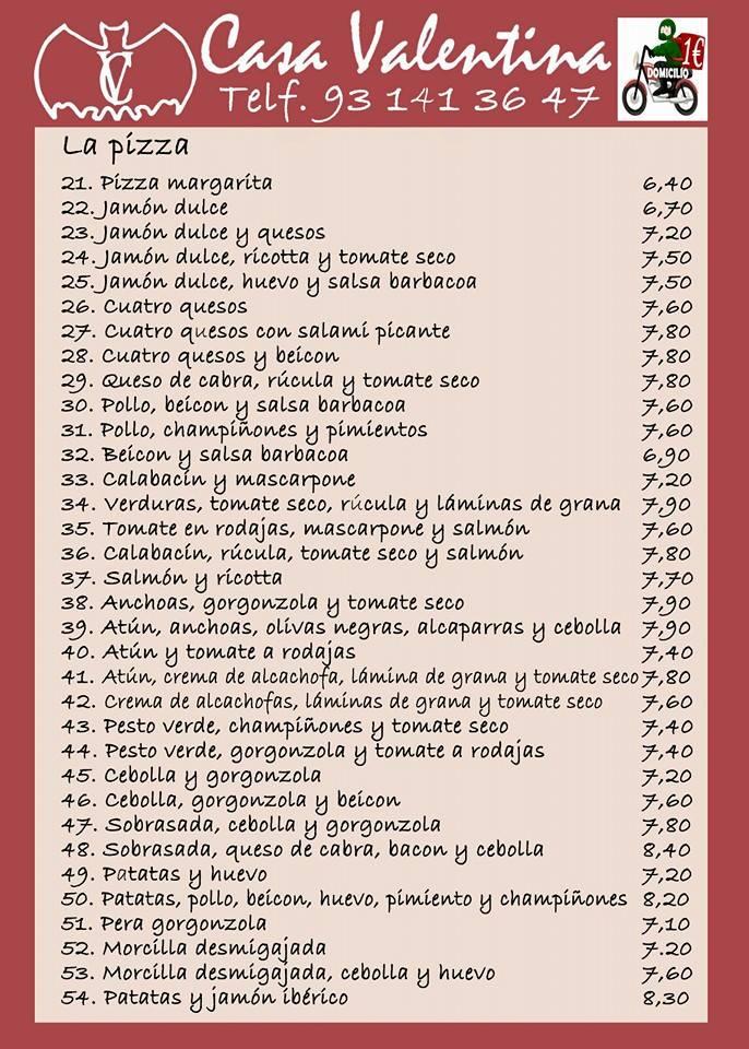 Menu at Casa Valentina restaurant, El Prat de Llobregat