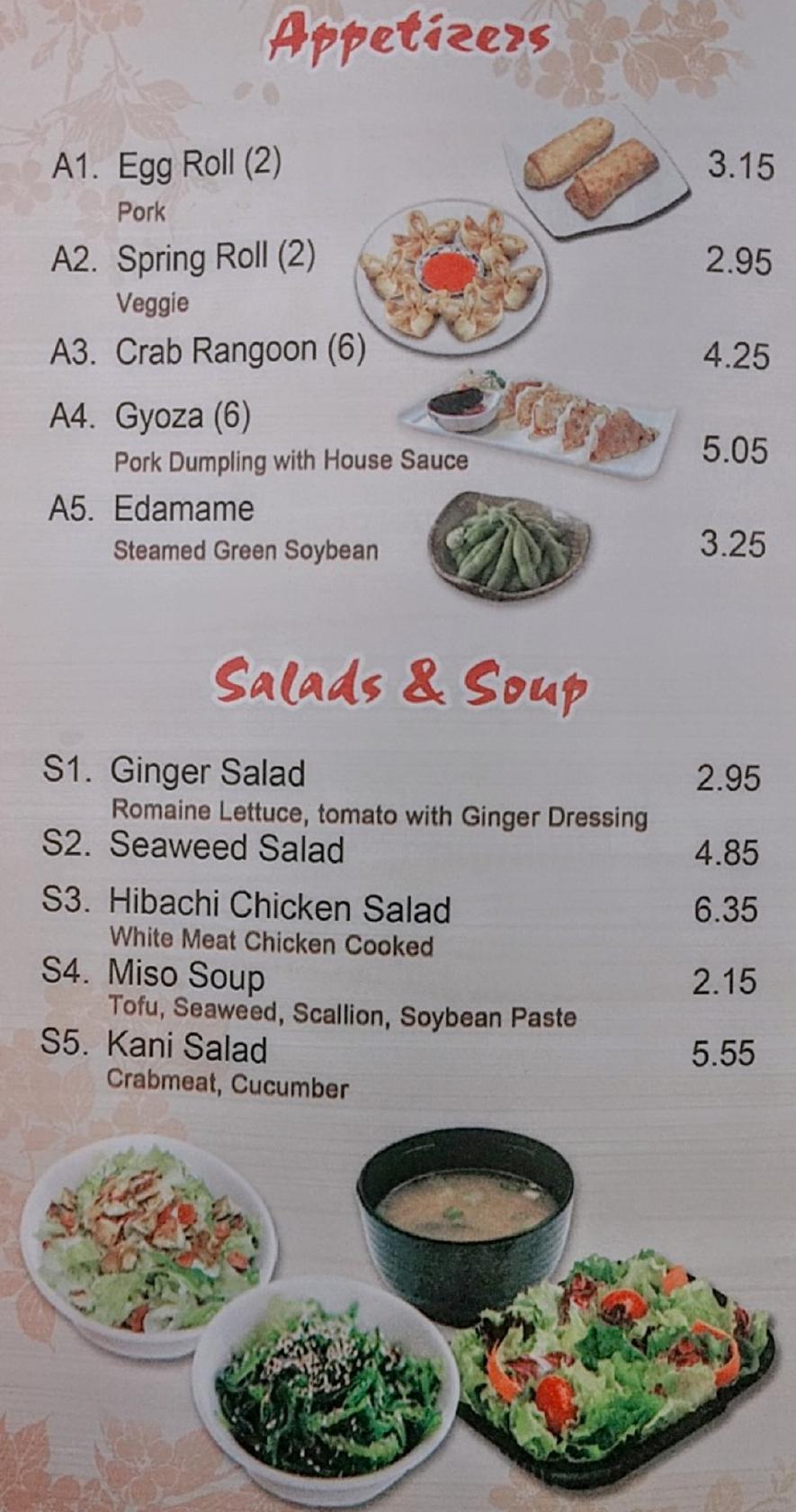 Menu at Mizuki Japan restaurant, Wilmington