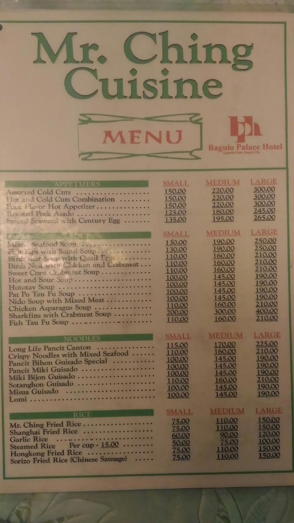 Menu at Mr. Ching Cuisine restaurant, Baguio