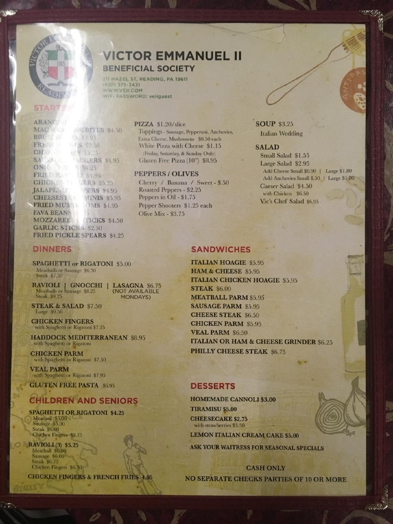 Menu at Victor Emmanuel II Beneficial Society club, Reading