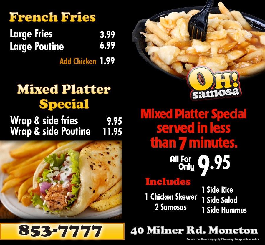 Menu at OH SAMOSA restaurant, Moncton