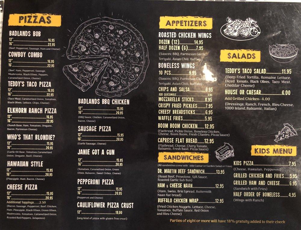 Carta de pizzería Badlands Pizza Parlor, Medora