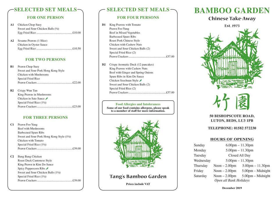 Menu at Bamboo Garden fast food, Luton
