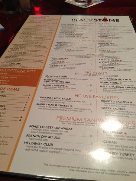 Menu at BlackStone restaurant, Iowa City, 503 Westbury Dr #1
