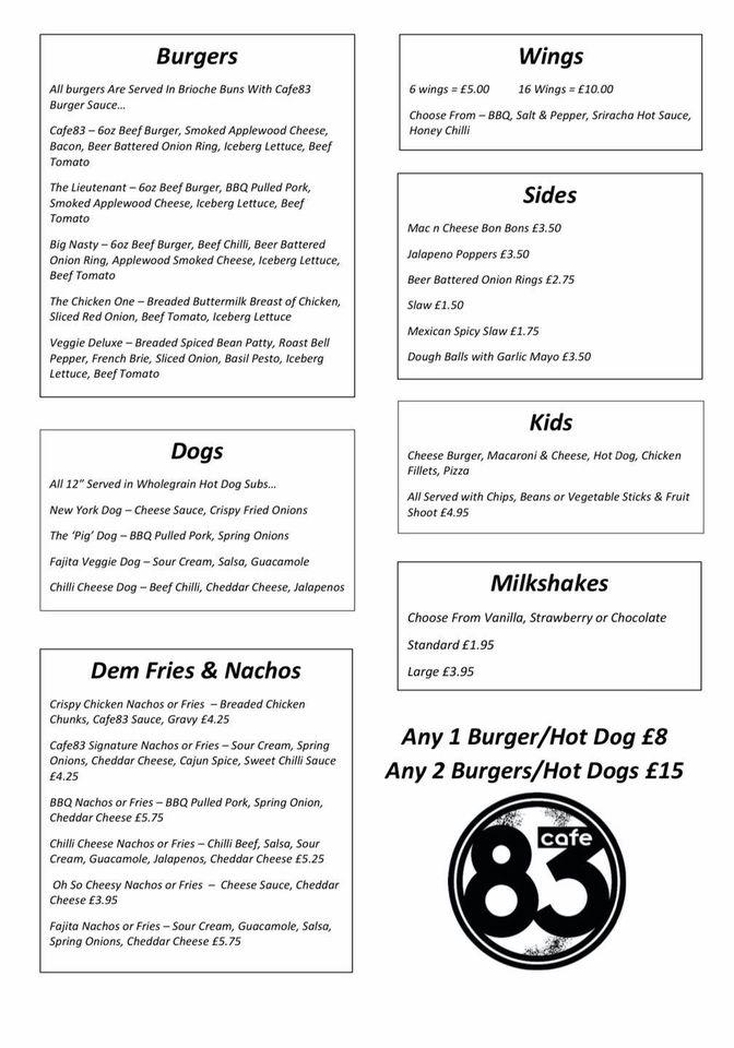 Menu at Cafe 83, Kemnay