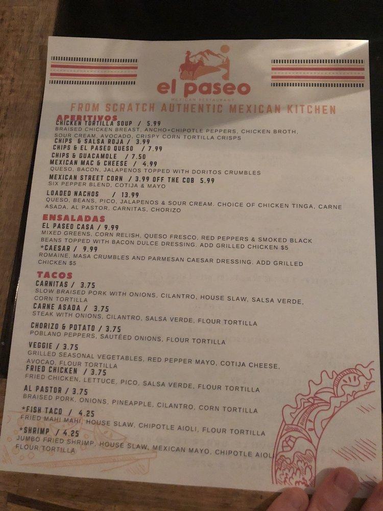 Menu at El Paseo Cantina pub & bar, Nashville