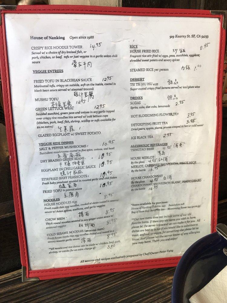 Menu at House of Nanking restaurant, San Francisco