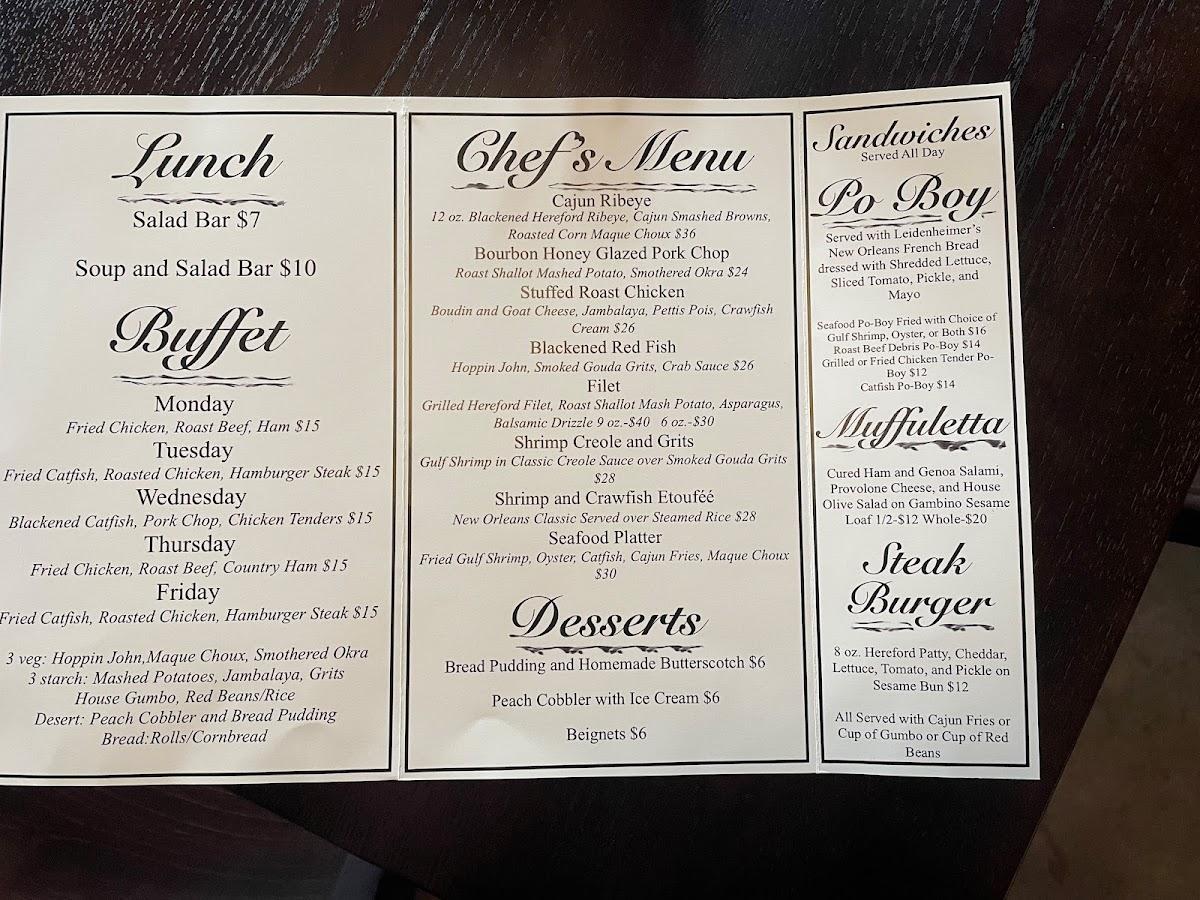 Menu at Phyfer's restaurant, Tupelo