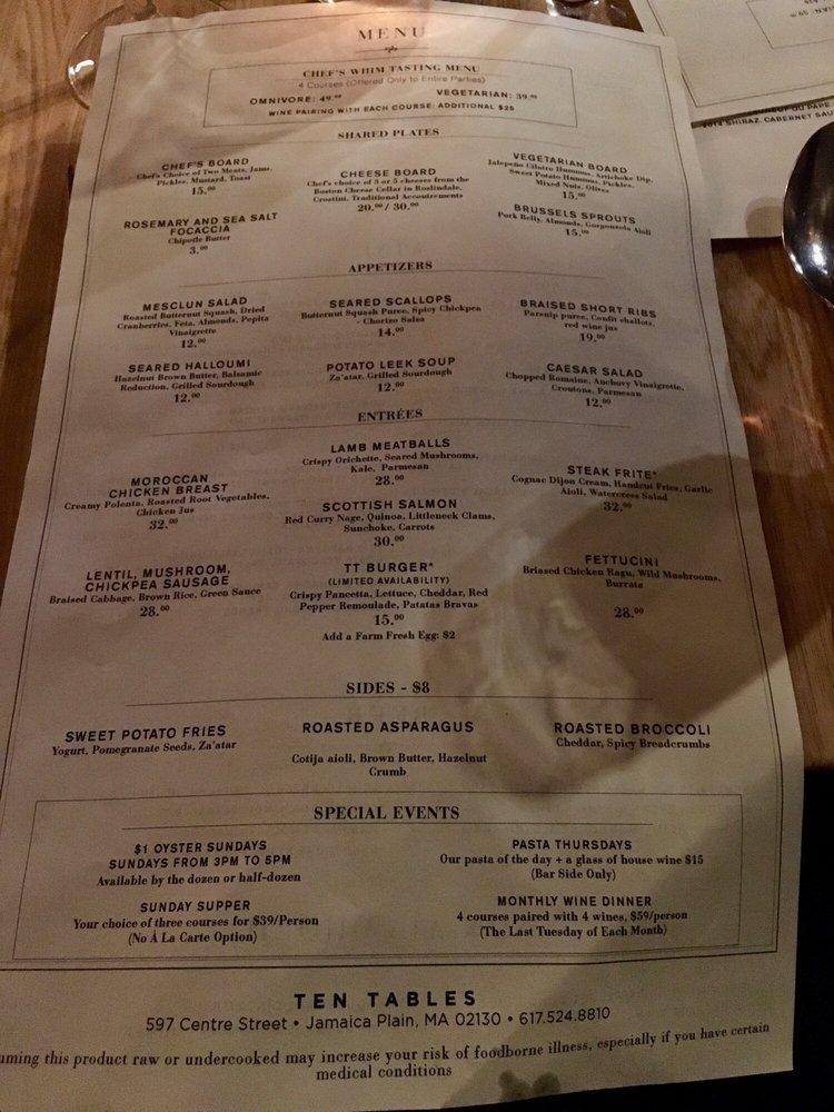 Menu at Ten Tables restaurant, Boston, 597 Centre St