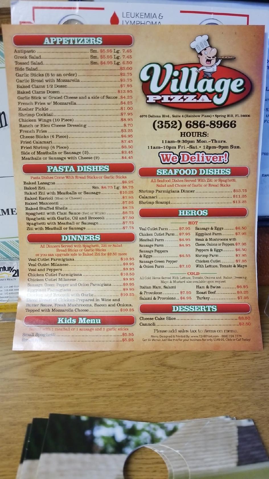 Menu at The Original Village Pizza pizzeria, Spring Hill, Deltona Blvd