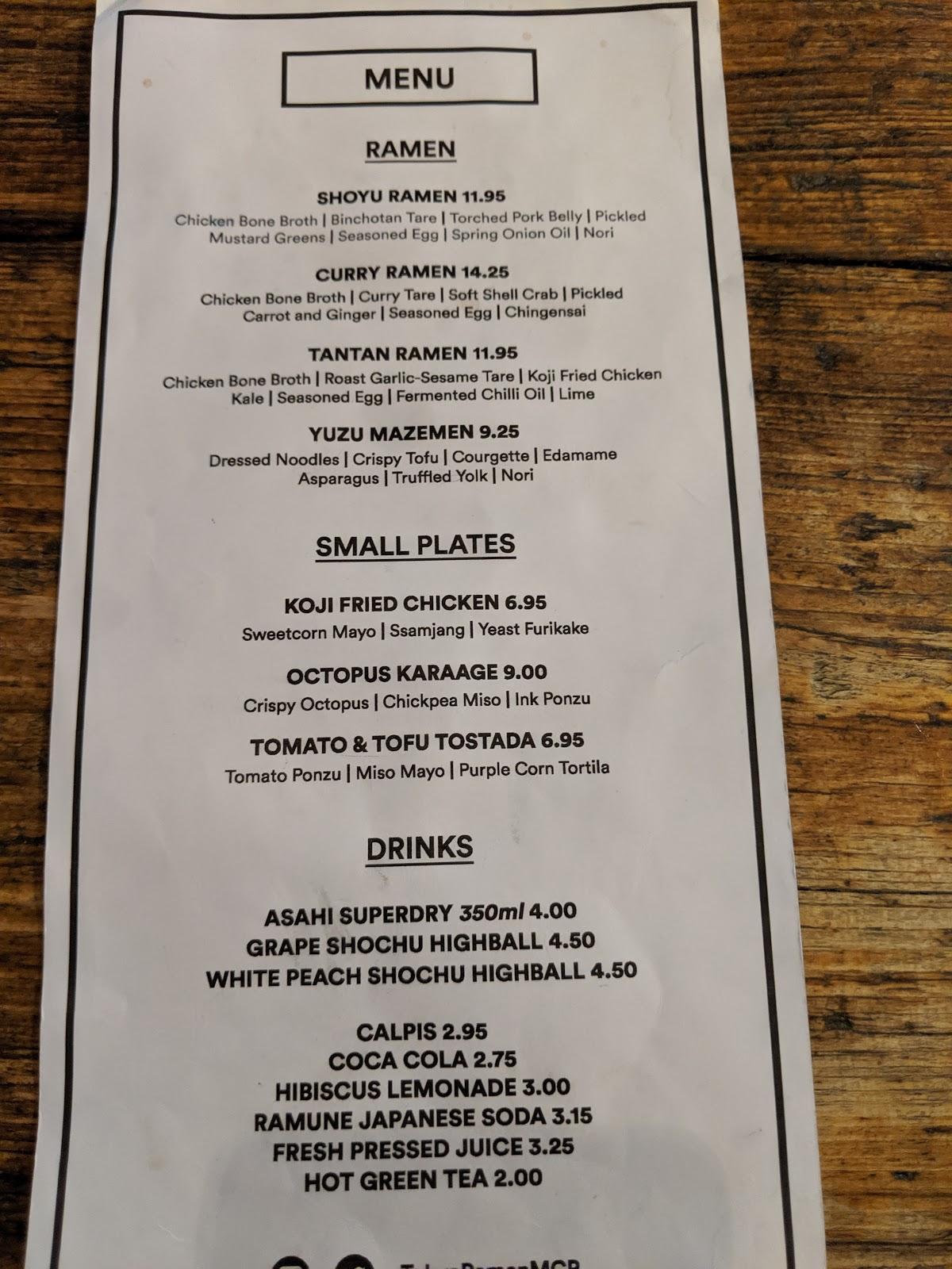 Menu at TOKYO RAMEN MANCHESTER restaurant, Manchester