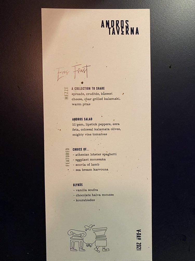 Menu at Andros Taverna restaurant, Chicago