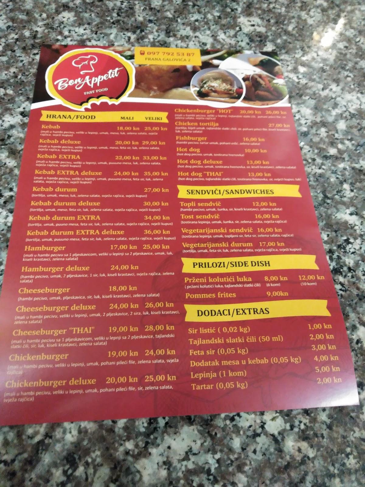 Menu at Bon Appetit restaurant, Koprivnica
