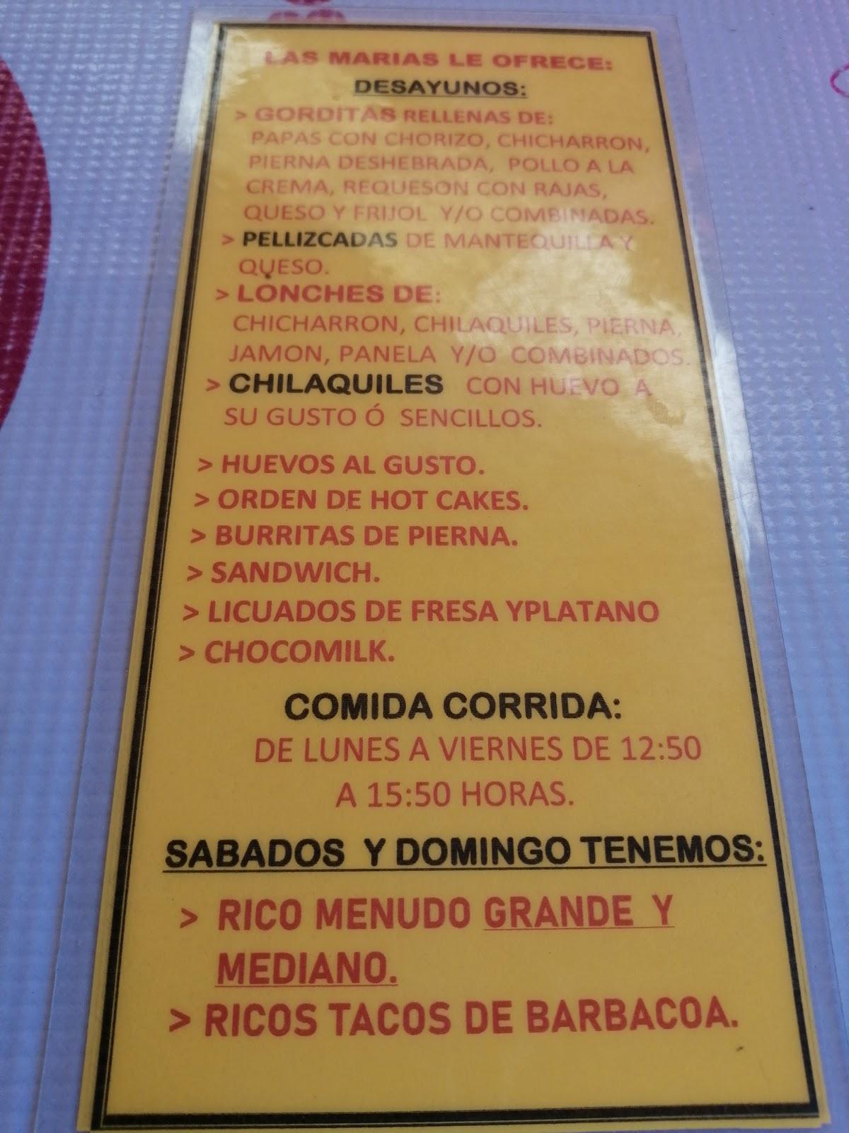 Menu at Las Marias restaurant, Nuevo México
