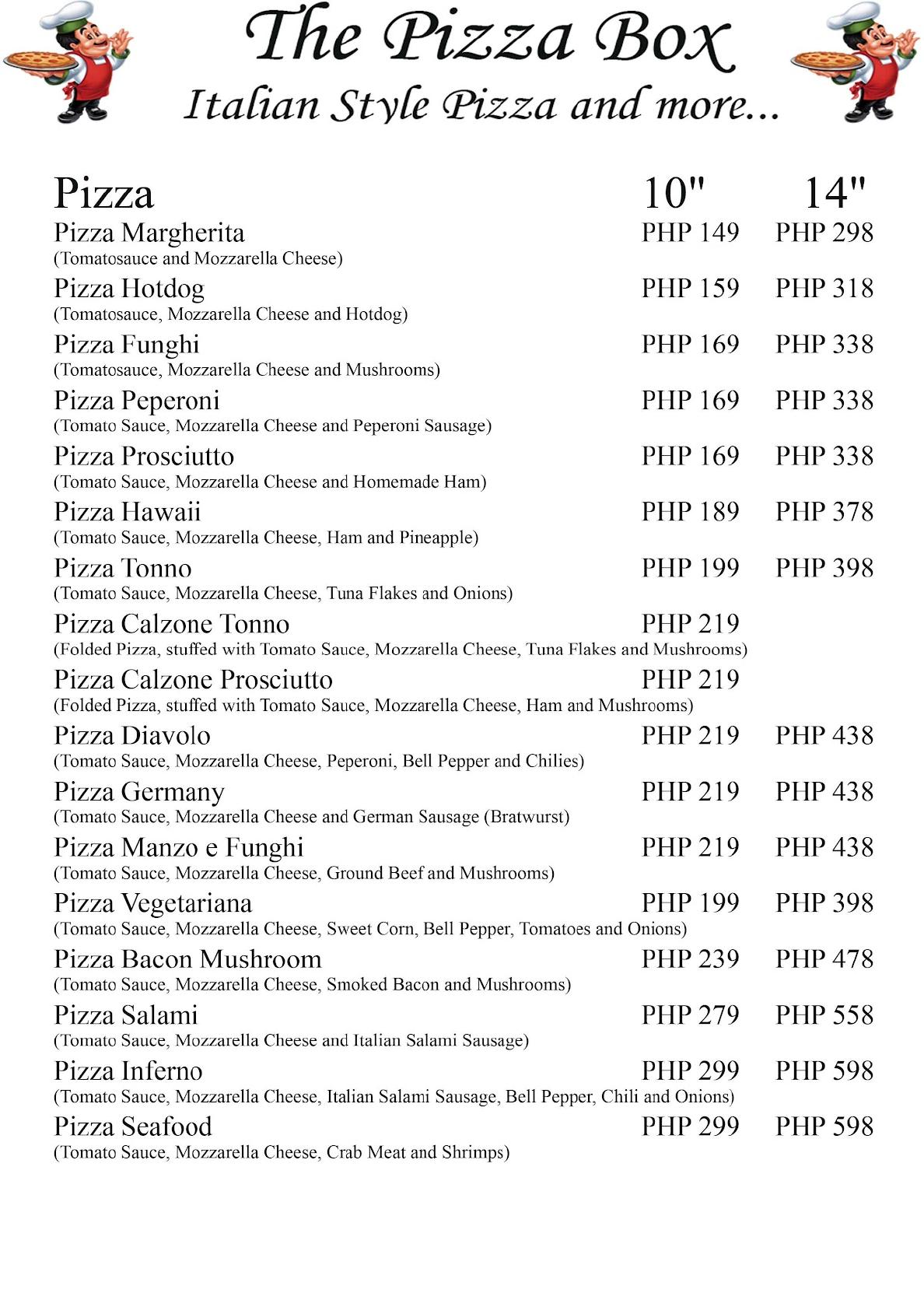 Menu at The Pizza Box restaurant, General Santos City