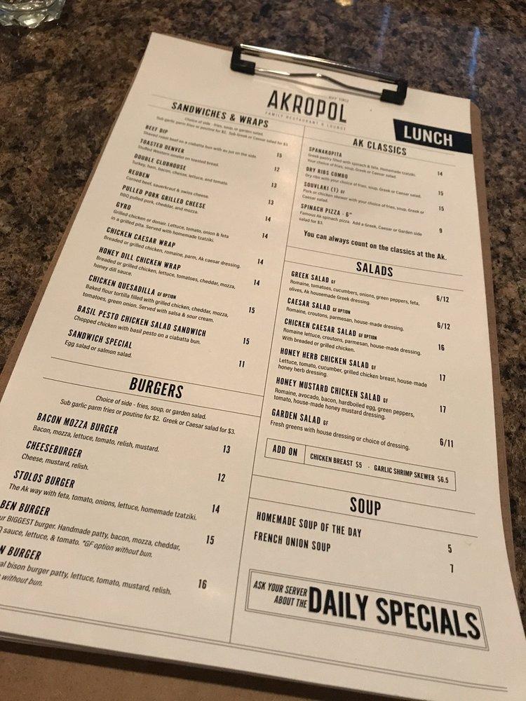 Menu au Akropol pizzeria, Swift Current