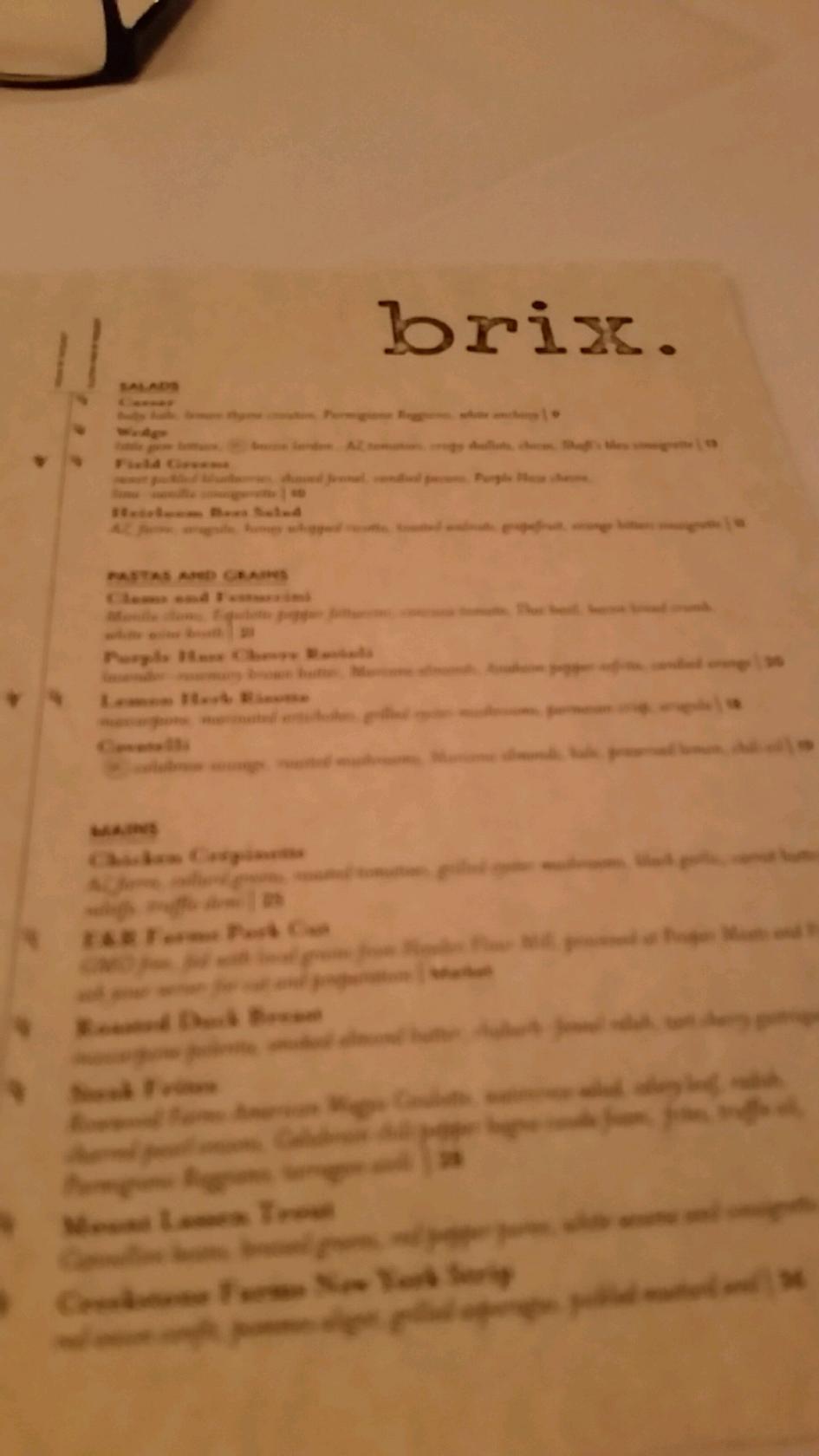 Menu at Brix pub & bar, Flagstaff