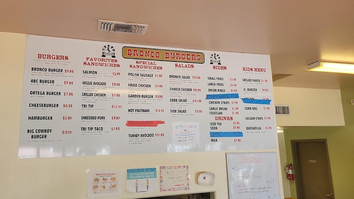 Menu at Bronco Burger restaurant, Paso Robles
