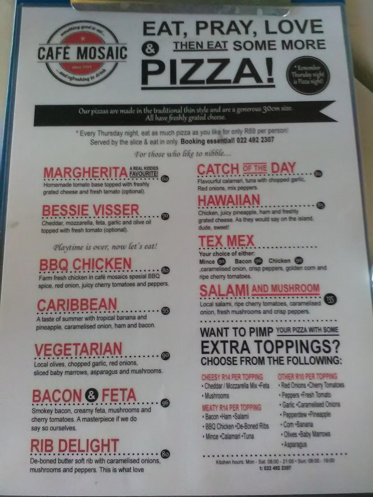 Menu at Cafe Mosaic, Darling, Main Street