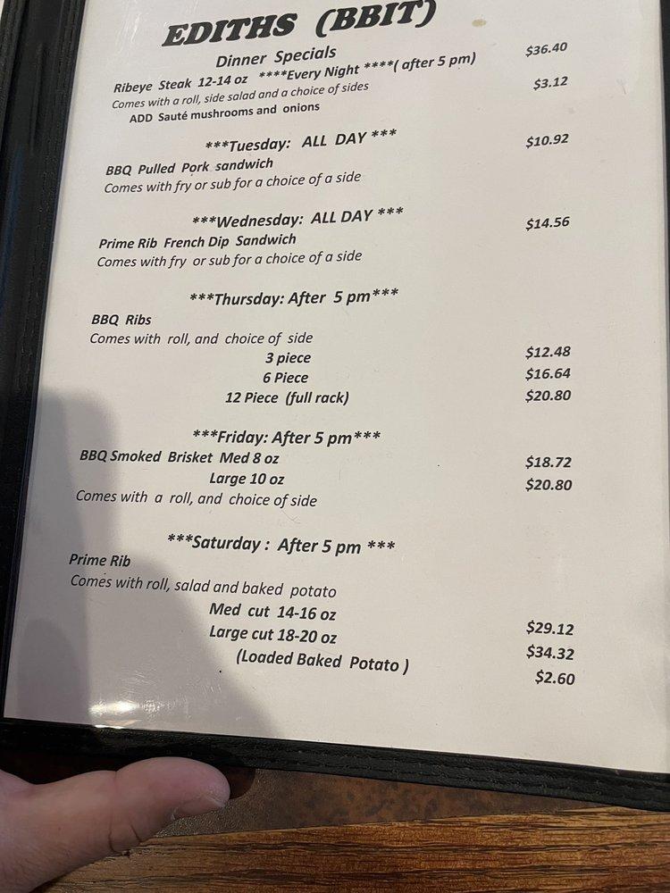 Menu at Ediths Cafe, Burley