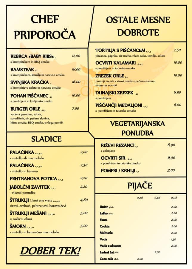 Menu at Gostilnica Orle restaurant, Škofljica