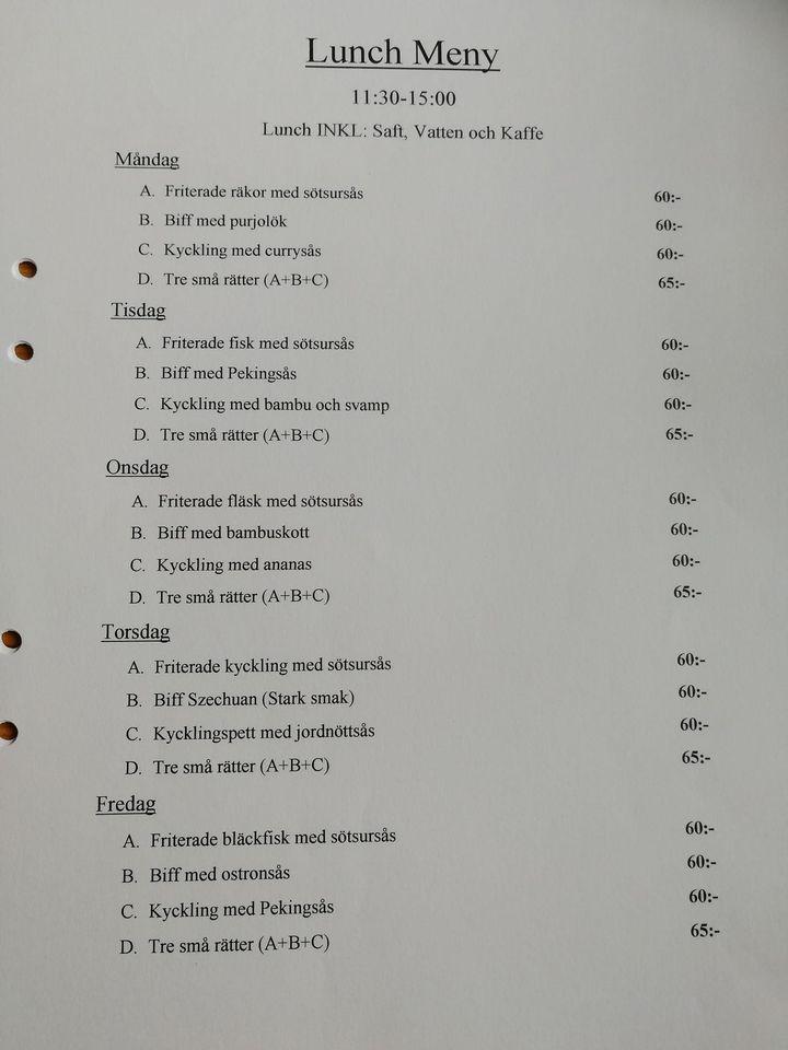 Menu at He Cheng restaurant, Malmö