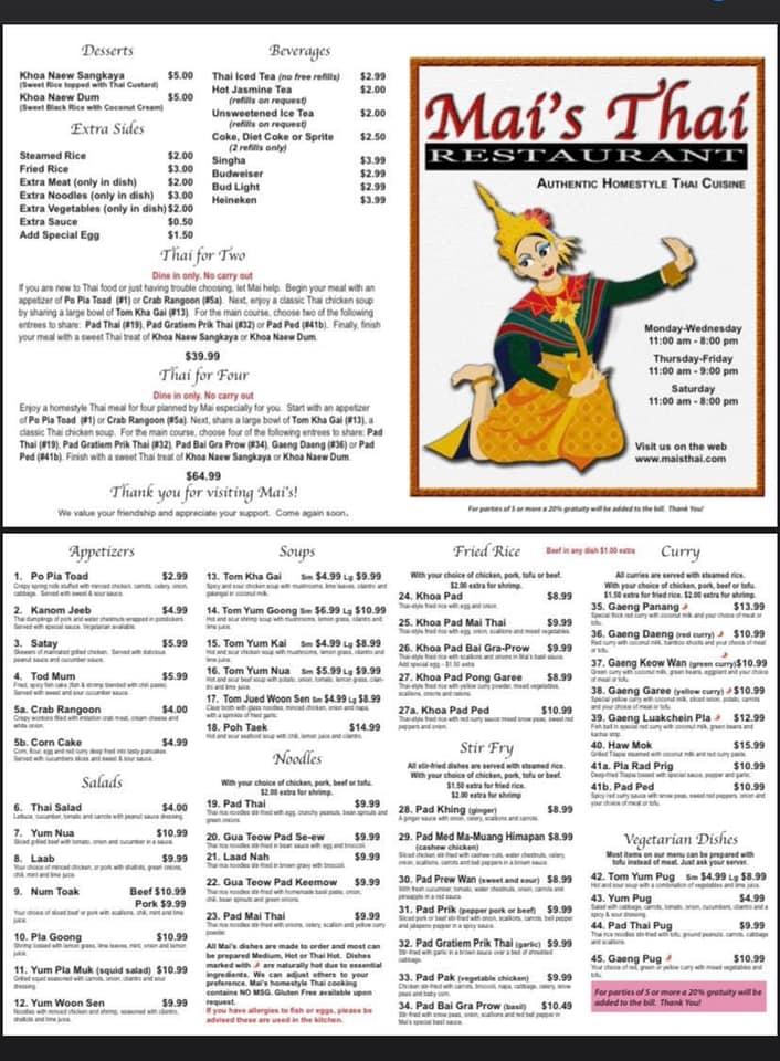 Menu at Mai's Thai Restaurant, Jeffersonville